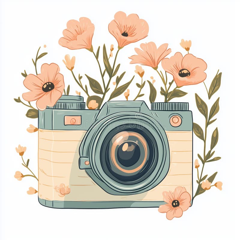 Camera with Flower Cartoon Style. Camera in Flat Style with Flowers ...