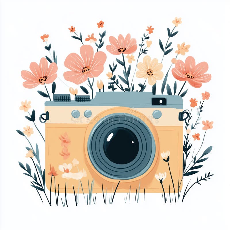 Camera with Flower Cartoon Style. Camera in Flat Style with Flowers ...