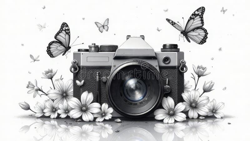 Camera with Flowers and Butterflies Stock Illustration - Illustration ...