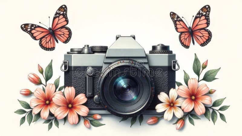 Camera with Flowers and Butterflies Stock Illustration - Illustration ...