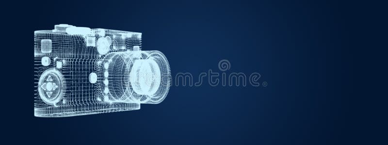 Camera in the Form of a Three-dimensional Grid on a Blue Background ...