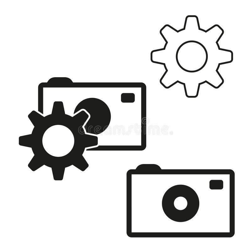 Camera with Gear. Photo Settings Icon. Black and White Graphic. Modern ...