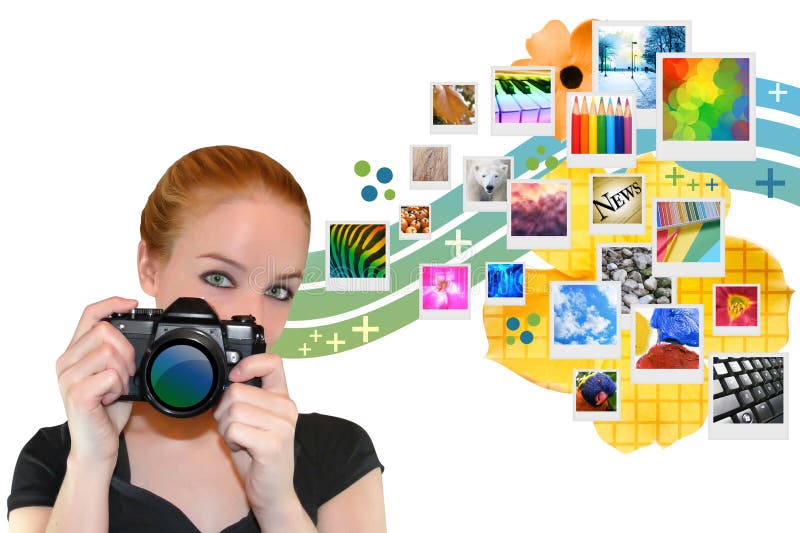 Camera Girl with Photos Popping Out Stock Image - Image of capture ...