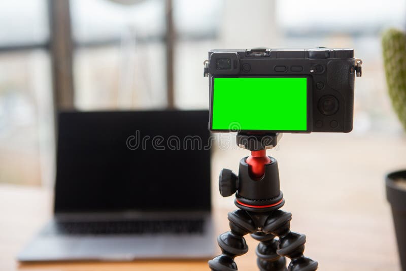 Camera with Green Screen and Laptop Behind for Video Blogging Stock ...