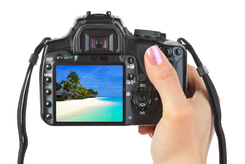 Camera in Hand and Beach Landscape Stock Image - Image of hobbies ...