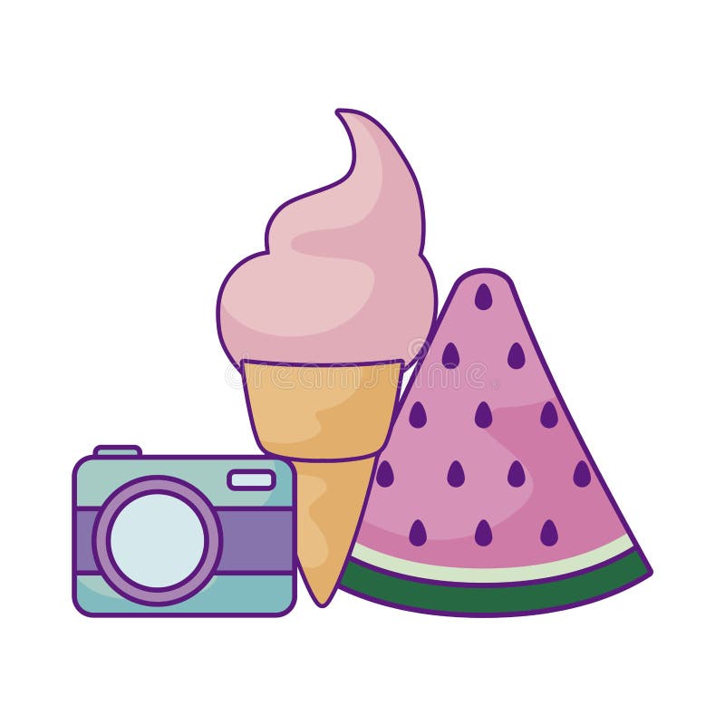 Camera with Ice Cream and Watermelon Stock Illustration - Illustration ...