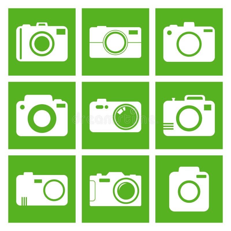 Camera Icon Set on Green Background. Vector Illustration in Flat Stock ...