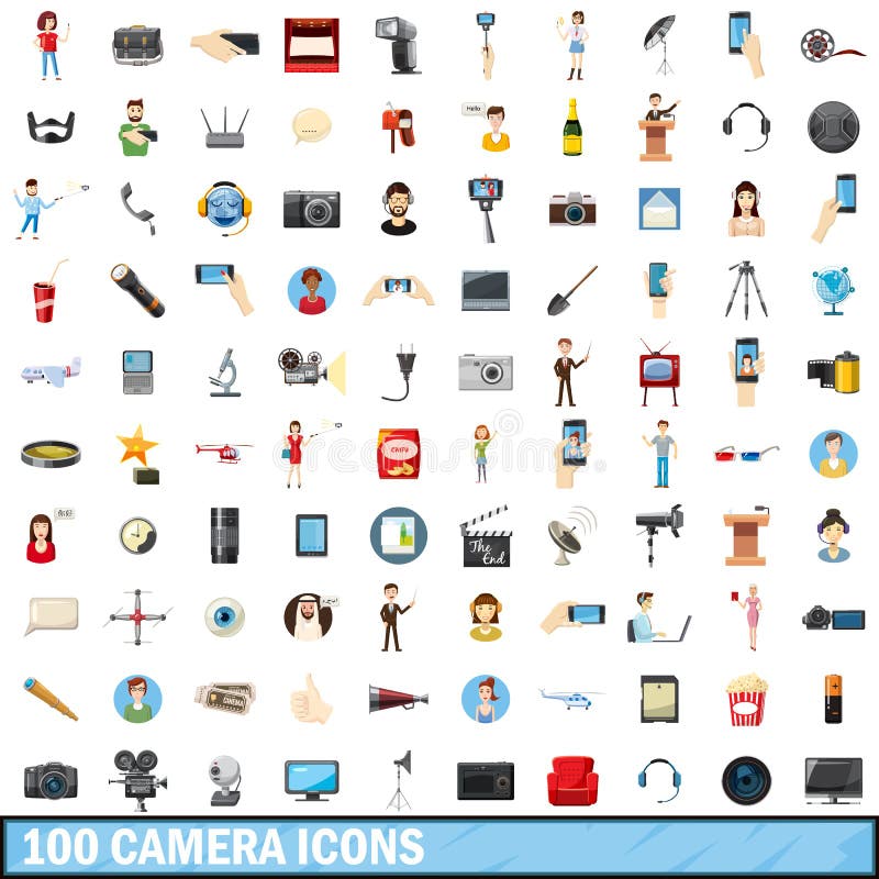 100 Camera Icons Set, Cartoon Style Stock Vector - Illustration of ...