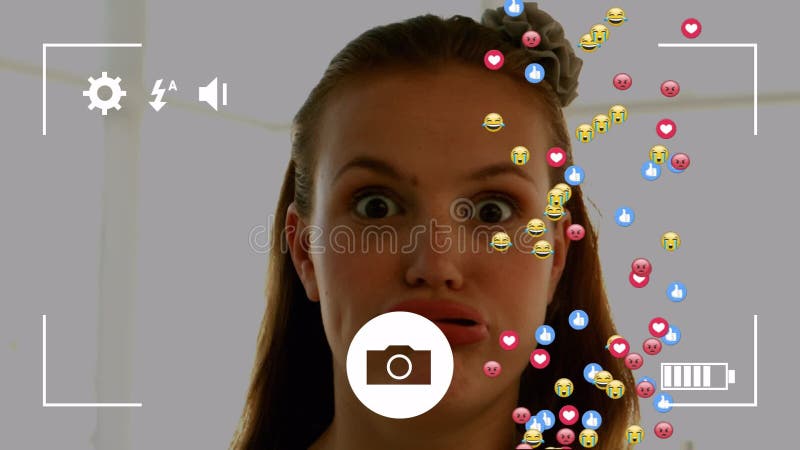 Camera Interface Over Multiple Face Emojis and Icons Against Caucasian ...