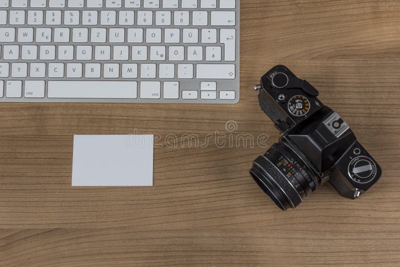 Camera Keyboard and Business Card on a Desktop Stock Photo - Image of ...