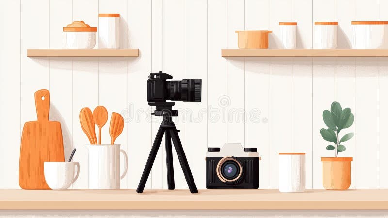 Camera and Kitchen Utensils on Wooden Shelf Stock Illustration ...