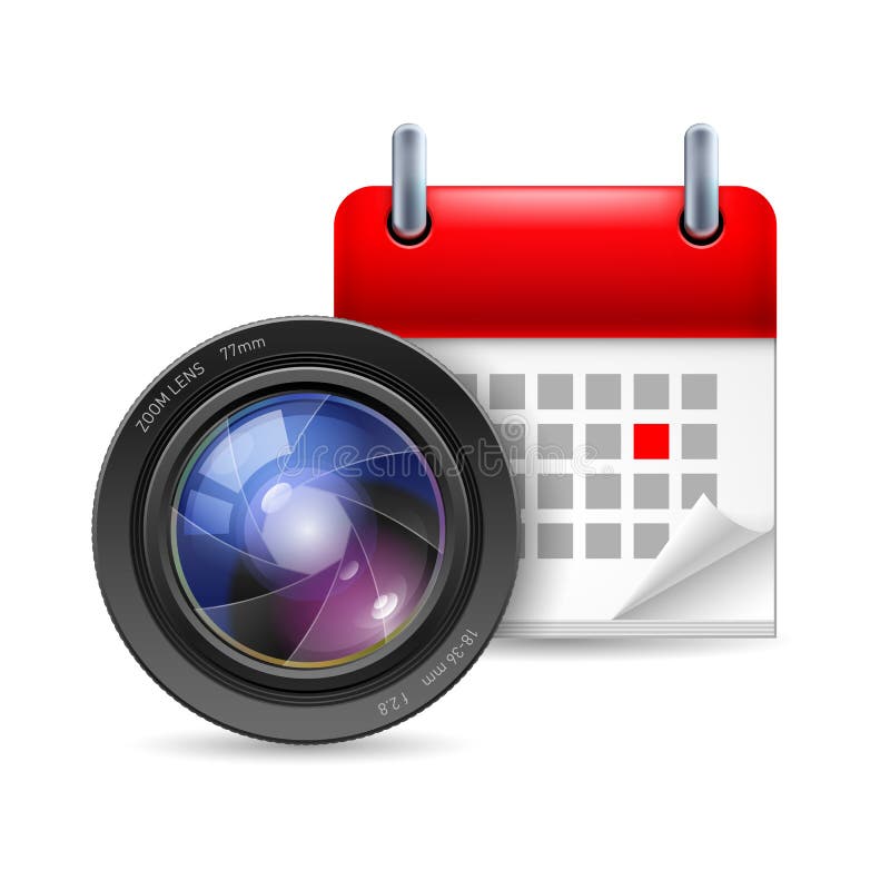 Camera lens and calendar stock vector. Illustration of event - 38260388
