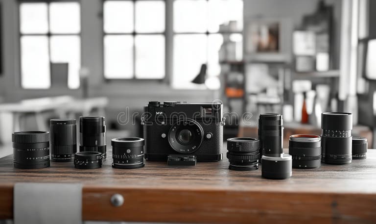 Camera and Lens Collection Displayed on Wooden Table in Modern Studio ...