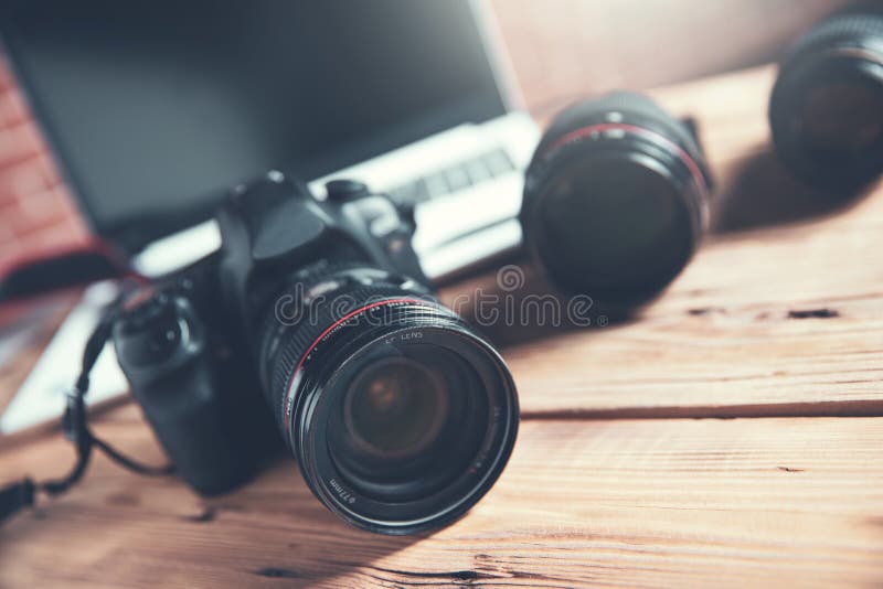 Camera with Lens and Computer Stock Image - Image of hobbies, camera ...