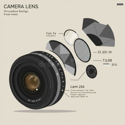Camera Lens Diagram with Exploded View of Components. Elements Include ...
