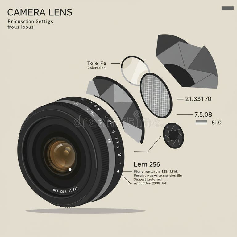 Camera Lens Diagram with Exploded View of Components. Elements Include ...