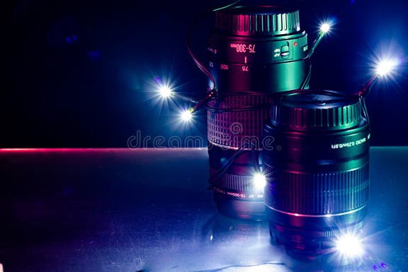 Camera Lens Display Red and Blue Editorial Photography - Image of ...