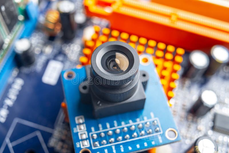 Camera with Lens on Electronic Integrated Circuit Board. Concept of ...
