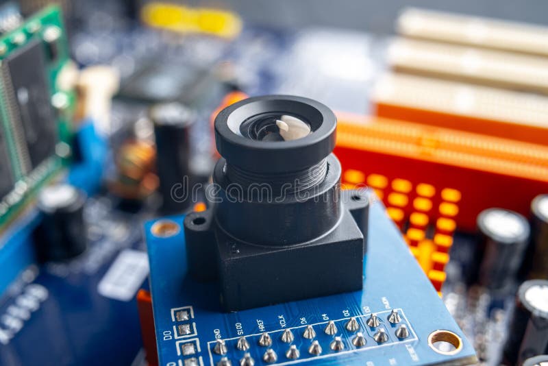 Camera with Lens on Electronic Integrated Circuit Board. Concept of ...