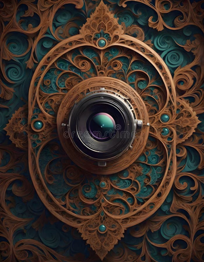 Camera Lens Encased in Ornate Wooden Design, Generative AI Stock ...