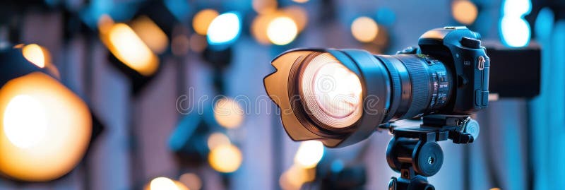 Camera Lens Focused on Equipment with Vibrant Studio Lighting in the ...