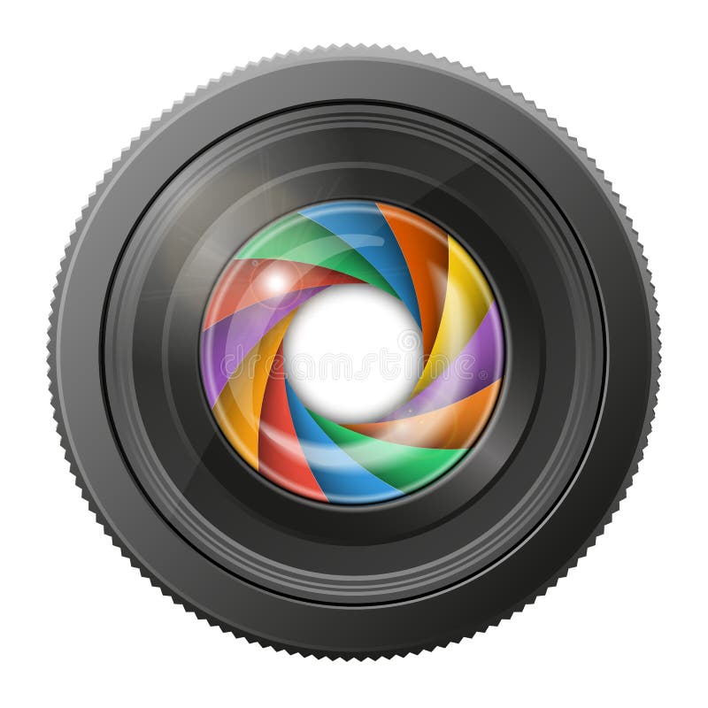 Camera Lens with Multicolored Shutter Open, Isolated on White ...