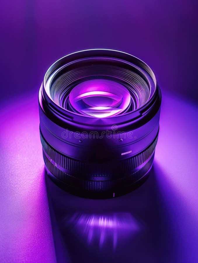 Camera Lens on Purple Surface Stock Photo - Image of accessory, texture ...