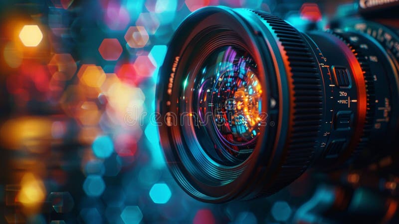 A Camera Lens with a Red and Blue Background. Stock Illustration ...