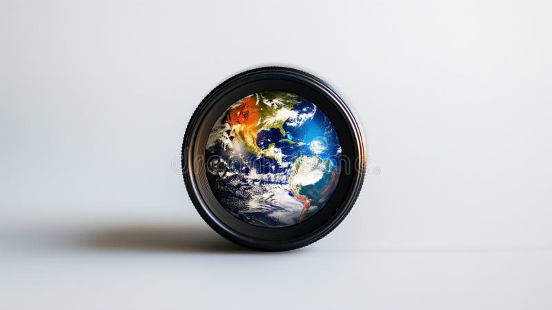 Camera Lens Reflecting Earth with Continents and Oceans, Representing ...