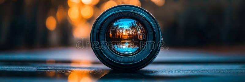 Camera Lens Reflecting Sunset Over Lake and Trees Stock Image - Image ...