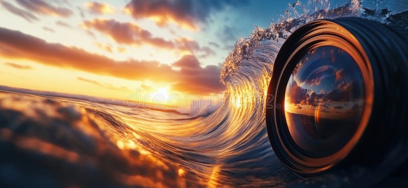 Camera Lens Reflecting Sunset Over Ocean Waves in Dramatic Coastal ...