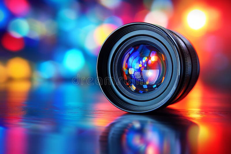 A Camera Lens with Reflection on Surface and a Colorful Background in a ...