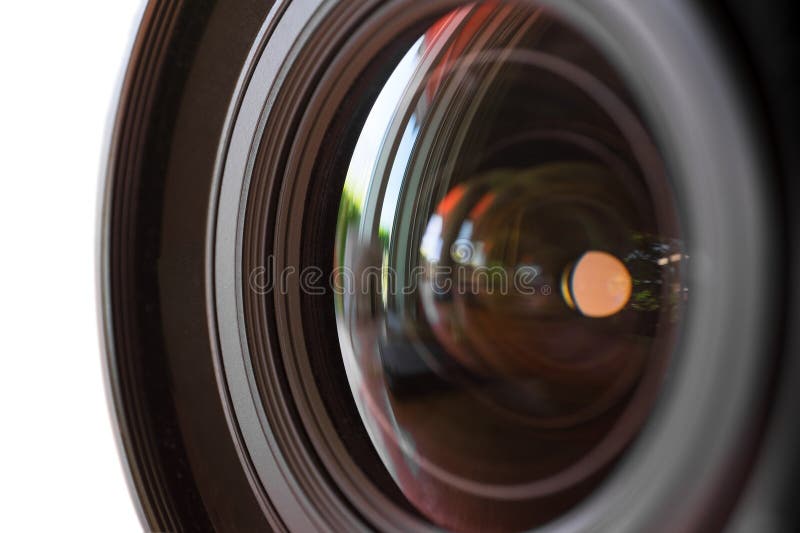 Camera Lens with Reflections on Multi Colored Light of Glass, on White ...