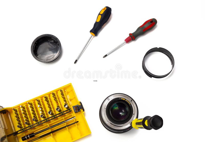 Camera Lens Repair Flat Lay View on White Background Stock Photo ...