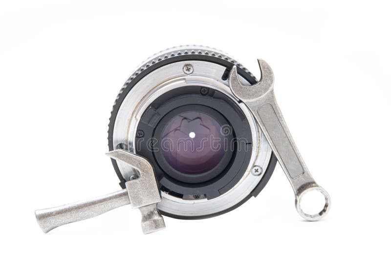 Camera Lens with Repair Tools Isolated on White Stock Photo - Image of ...