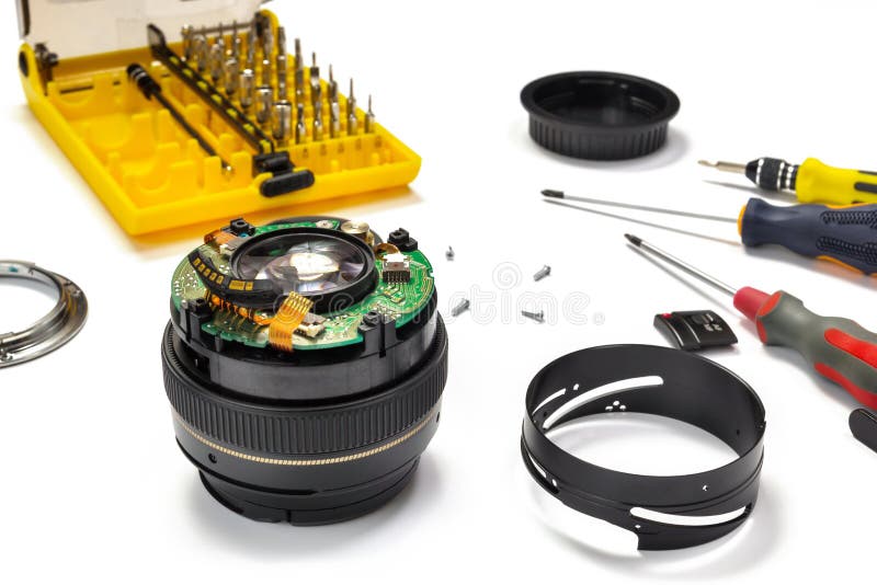 Camera Lens Repair Flat Lay View on White Background Stock Photo ...