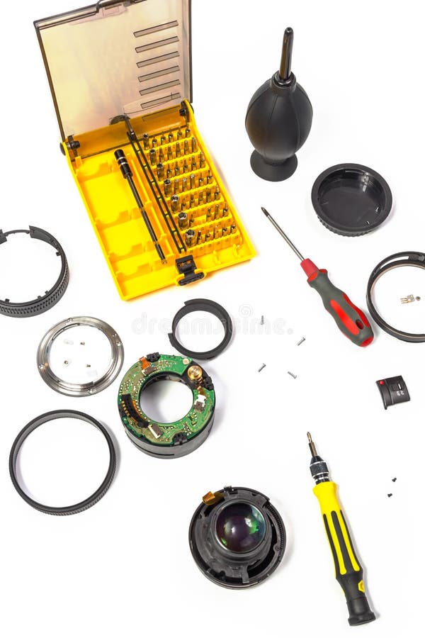 Camera Lens Repair Flat Lay View on White Background Stock Photo ...