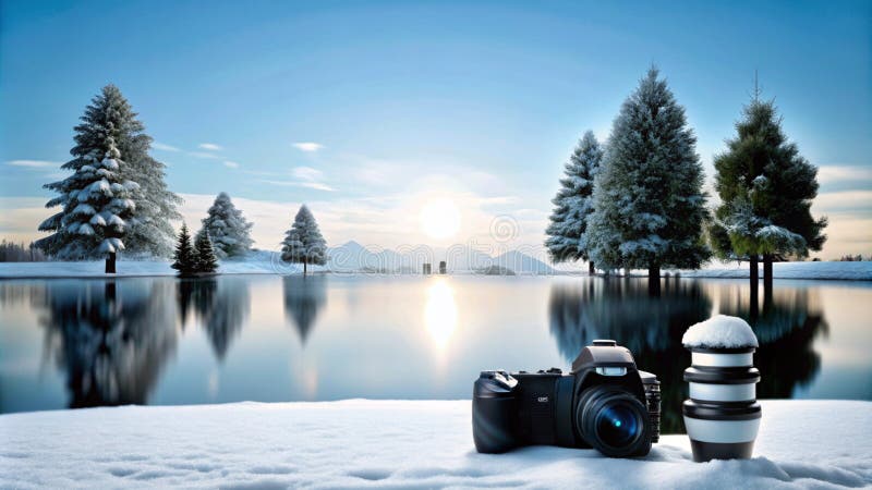 A Camera and Lens on the Snow with a Winter Landscape Behind it Stock ...
