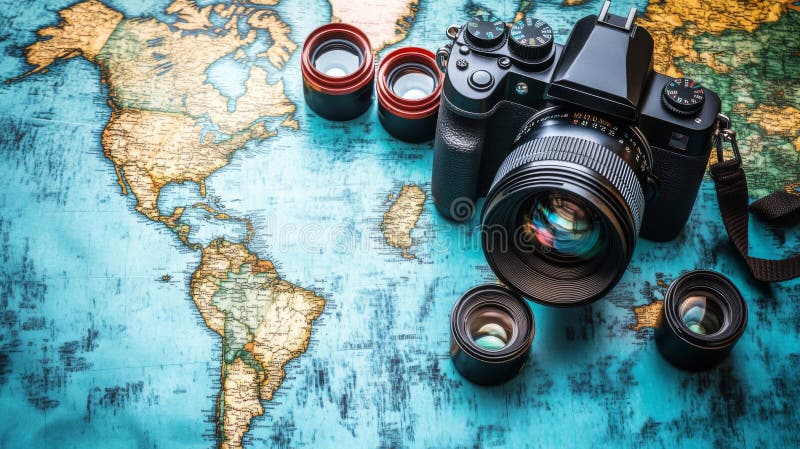 Camera and Lenses on Vintage World Map Stock Illustration ...