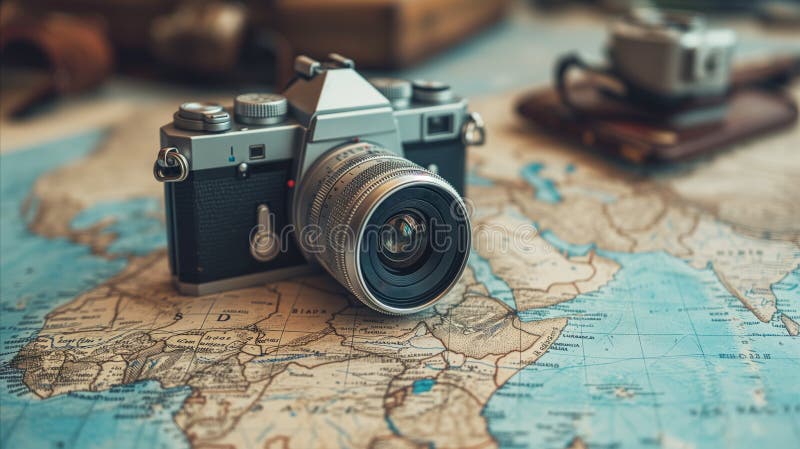 Camera on Map, Capturing Your Journey Stock Illustration - Illustration ...