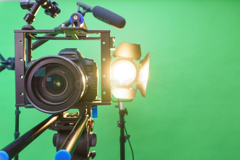Camera,microphone, Lights and a Green Screen Stock Image - Image of ...