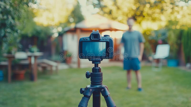 A Camera Mounted on a Tripod Capturing a Person in a Backyard Setting ...