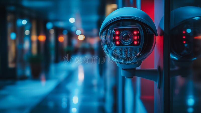 A Camera is Mounted on a Wall in a Dark Room. the Camera is Red and ...