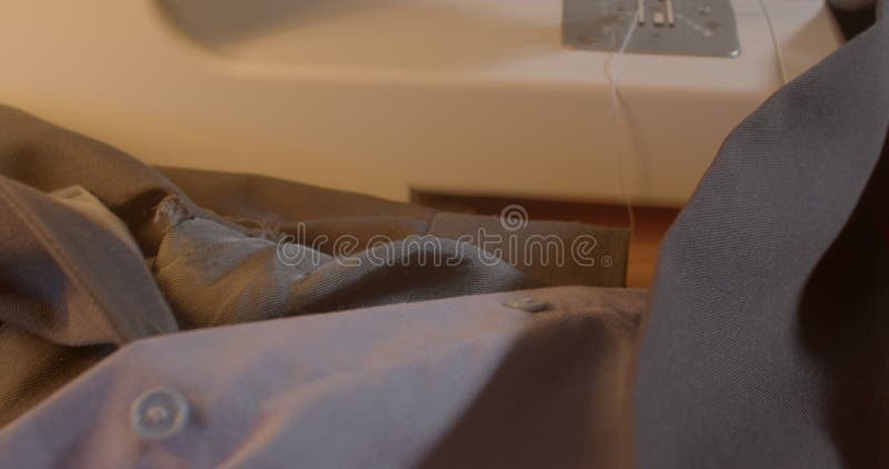 Camera Movement, Gray and Blue Cloth on the Table. Sewing Machine ...