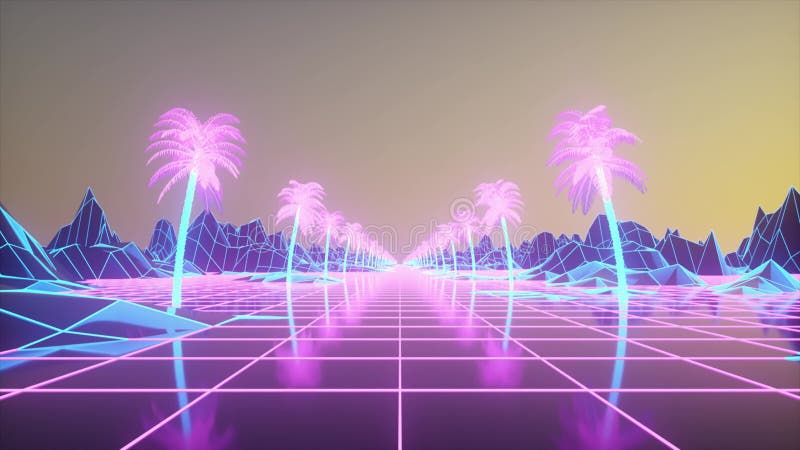 Camera Moves Along the Synthwave Wireframe Net. Palm Trees Around the ...