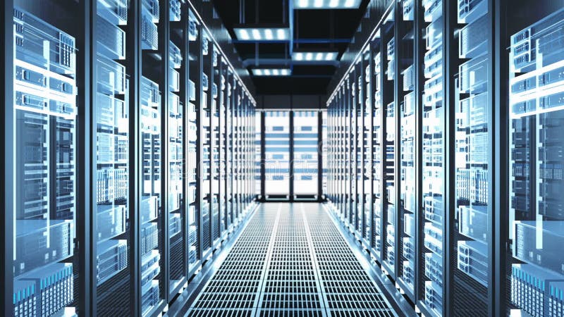 Camera Moves through Big Working Data Center with Server Racks and ...