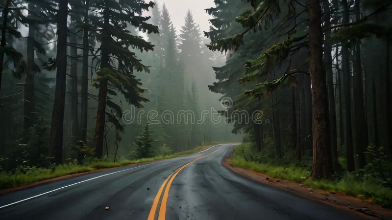 Misty Winding Road through Evergreen Forest Stock Video - Video of mist ...
