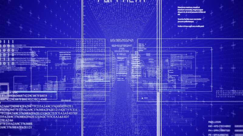 Camera Moves Trough Light Blue Digital Computer Displays with Running ...