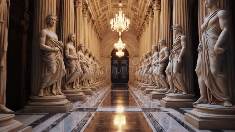 Camera Moving Along Corridor with Classical Statues Stock Video - Video ...
