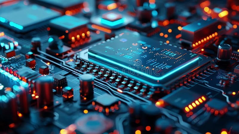 Camera Moving Around Futuristic Glowing CPU on Circuit Board Showing ...